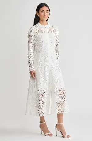 Ming Wang Fit-and-flare Lace Midi Dress With Mandarin Collar