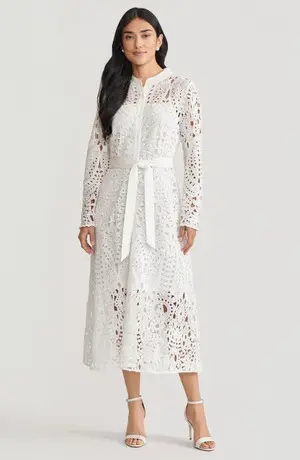 Ming Wang Fit-and-flare Lace Midi Dress With Mandarin Collar
