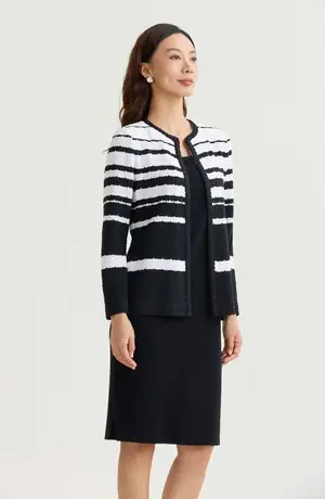 Ming Wang Braided Trim Basket Weave Knit Jacket