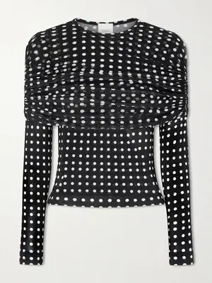 Patou Ruched Polka-dot Chiffon Top - Black