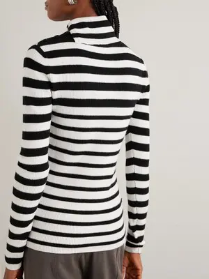 LISA YANG Sabrine Button-detailed Striped Ribbed Turtleneck Sweater