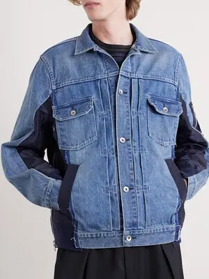 Sacai Denim And Nylon-twill Bomber Jacket - Blue
