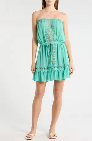 Ramy Brook Strapless Embrodiered Cover-up Dress - Seaglass