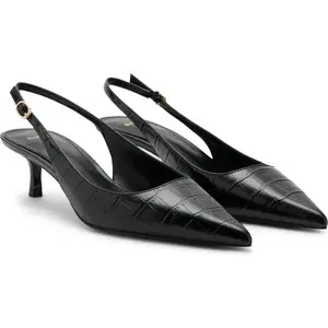 Mango Croc Embossed Slingback Kitten Heel Pumps - Black