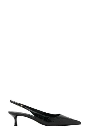 Mango Croc Embossed Slingback Kitten Heel Pumps - Black