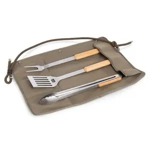 Legacy Bbq Roll Up 3 Piece Setgreen Canvas With Beechwood Tools - Green