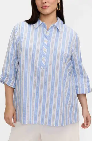 Foxcroft Therese Stripe Button Back Cotton Seersucker Popover Shirt - Blue Multi