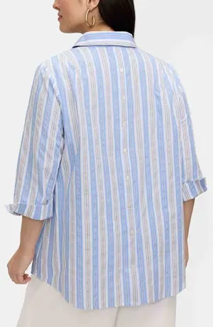 Foxcroft Therese Stripe Button Back Cotton Seersucker Popover Shirt - Blue Multi