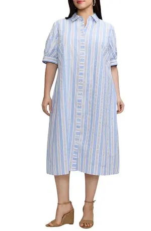 Foxcroft Esther Belted Stripe Cotton Shirt Dress - Blue Multi
