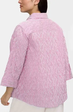 Foxcroft Hampton Stripe Three-quarter Sleeve Button-up Shirt - White/pink