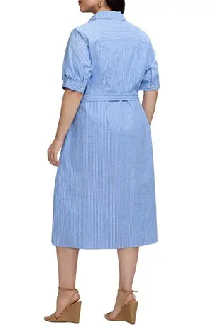Foxcroft Esther Belted Stripe Cotton Shirtdress - Blue Multi