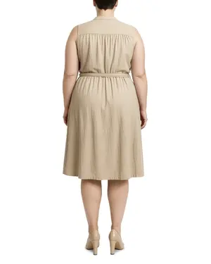 STANDARDS & PRACTICES Plus Button Front Self Tie Sleeveless Midi Dress - Beige