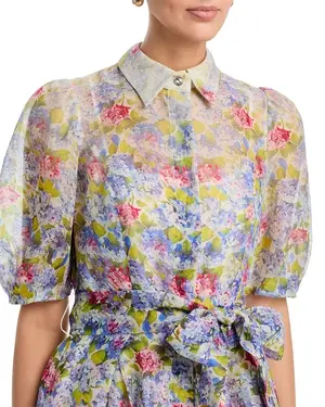 Rickie Freeman For Teri Jon Silk Linen Printed Puff Sleeve Dress - Purple Multi