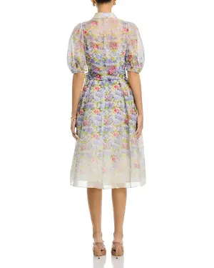 Rickie Freeman For Teri Jon Silk Linen Printed Puff Sleeve Dress - Purple Multi