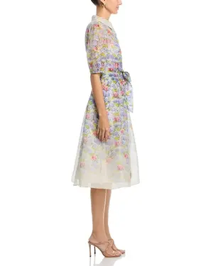Rickie Freeman For Teri Jon Silk Linen Printed Puff Sleeve Dress - Purple Multi