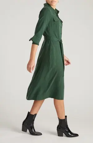 Universal Standard Cooling Long Sleeve Stretch Cupro Blend Shirtdress - Forest Green