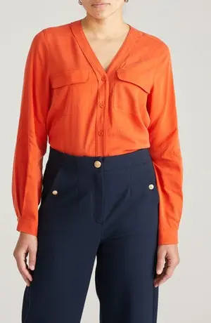 Universal Standard V-neck Button-up Shirt - Orange Flame