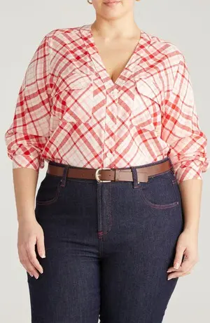 Universal Standard V-neck Button-up Shirt - Red Check Print