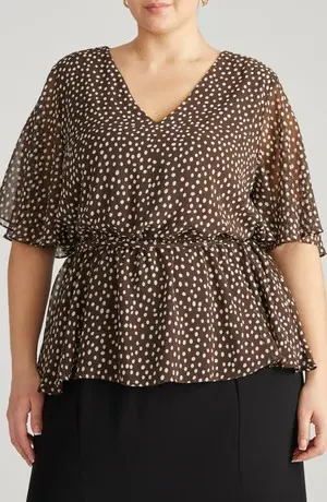 Universal Standard Milou Faux Wrap Top - Brown/white Dot Print