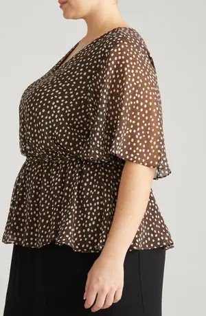 Universal Standard Milou Faux Wrap Top - Brown/white Dot Print