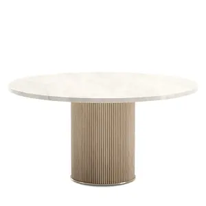 CARACOLE Rhythm Round Stone Top Dining Table - Sun Drenched Oak/neutral Metallic/crèm