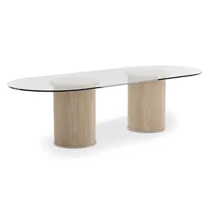 CARACOLE Rhythm Oval Glass Top Dining Table - Sun Drenched Oak/neutral Metallic/glas