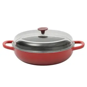 CROCK POT 5 Quart Enameled Cast Iron Multi-use Everday Pan With Borosilicate Lid - Red