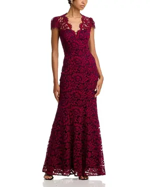 Eliza J Scalloped-edge Lace Gown - Sangria