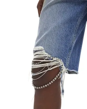 AREA Crystal Strands Frayed Denim Shorts