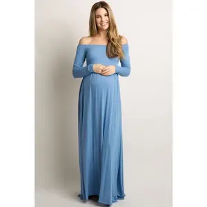 PINKBLUSH Off Shoulder Maternity Maxi Dress Blue