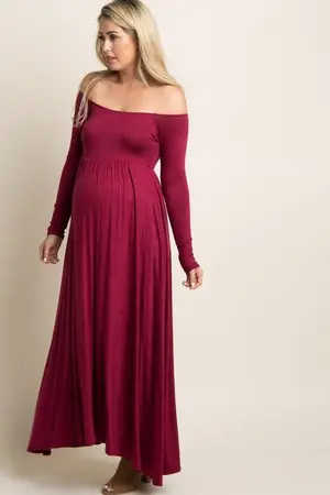 PINKBLUSH Petite Off Shoulder Maxi Dress - Burgundy