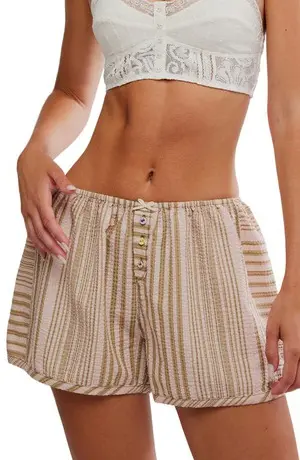 Free People Textured Stripe Cotton Boxer Shorts - Sage Combo