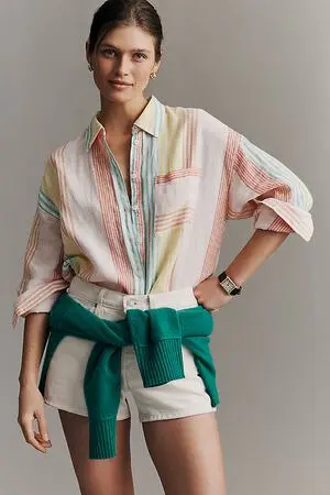 Maeve Bennet Linen Buttondown Shirt - Umbrella Stripe Teal