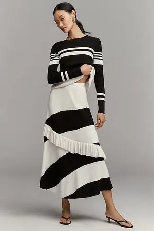 Maeve Asymmetric Ruffle Maxi Skirt - Black & White Pattern