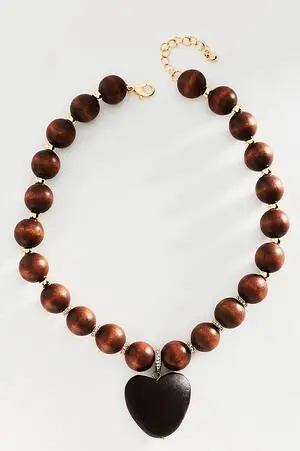 ANTHROPOLOGIE Wooden Heart Beaded Pendant Necklace