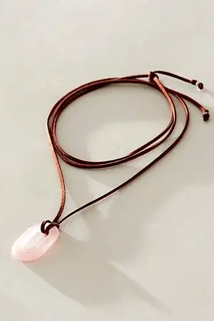 ALV Semiprecious Stone Pendant Suede Necklace - Rose Quartz/brown