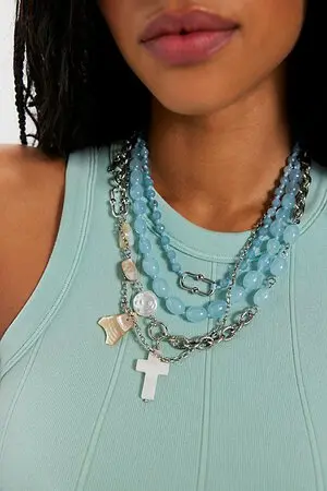 ARIANA OST Cliff Beaded Semiprecious Stone Layered Necklace - Aquamarine/silver
