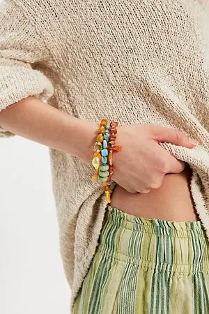 Free People Beaded Bracelet With Charm Detail - Orange/papaya