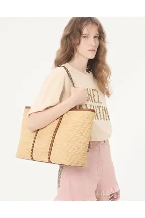 Valentino Garavani Rockstud Raffia Shopping Bag Brown