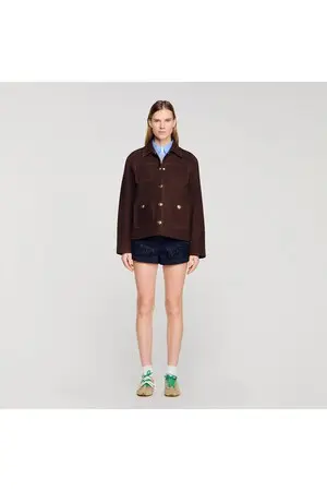 Sandro Suede Press-stud Jacket - Black / Brown