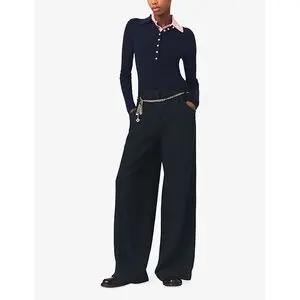 Maje Wide-leg Tweed Trousers With Chain Belt
