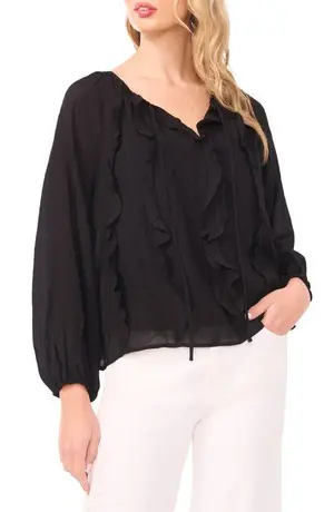 Halogen Tie Neck Ruffle Long Sleeve Top - Rich Black