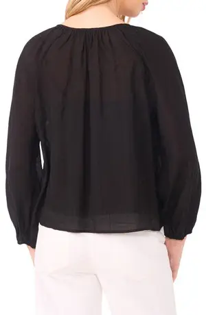 Halogen Tie Neck Ruffle Long Sleeve Top - Rich Black