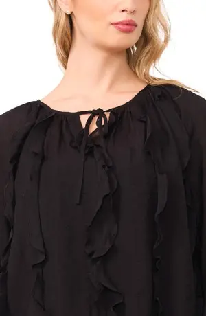 Halogen Tie Neck Ruffle Long Sleeve Top - Rich Black