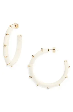 Nordstrom Crystal Accent Raffia Wrapped Hoop Earrings - Ivory- Clear- Gold