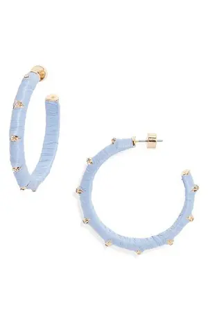 Nordstrom Crystal Accent Raffia Wrapped Hoop Earrings - Light Blue- Clear- Gold
