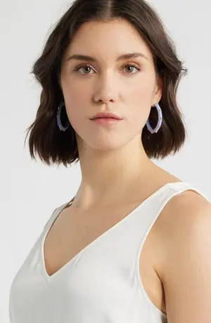 Nordstrom Crystal Accent Raffia Wrapped Hoop Earrings - Light Blue- Clear- Gold
