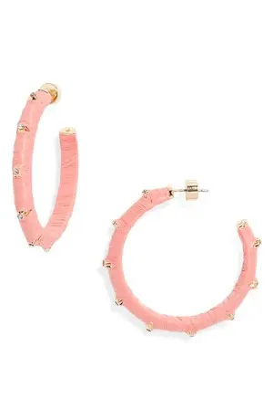 Nordstrom Crystal Accent Raffia Wrapped Hoop Earrings - Pink- Clear- Gold