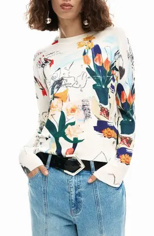 DESIGUAL Floral Crewneck Fine Gauge Sweater
