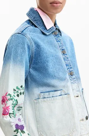 Desigual Floral Embroidered Denim Trucker Jacket - Medium Blue